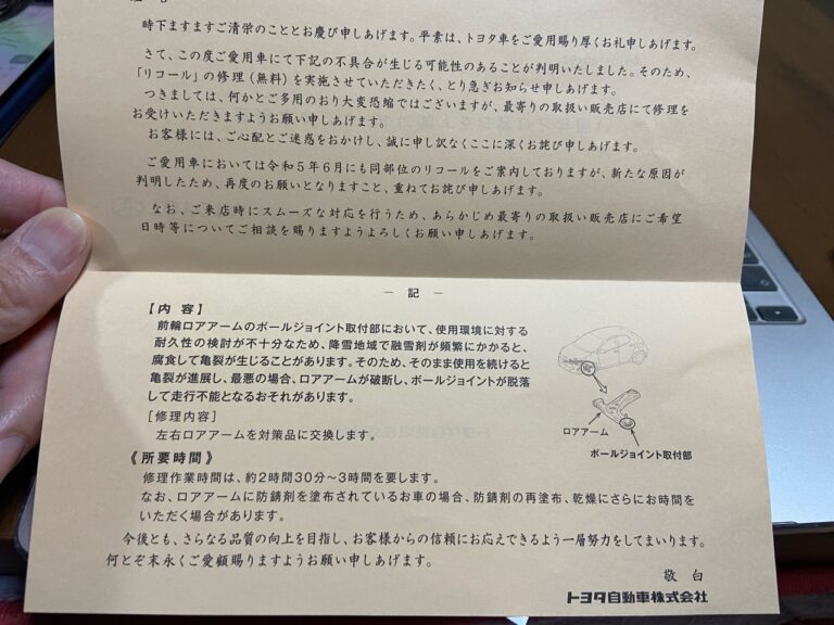 ヤリス、アクア、シエンタのロアアームリコールの状況、部品が少しずつ入荷中 - MHO ENGINEERING